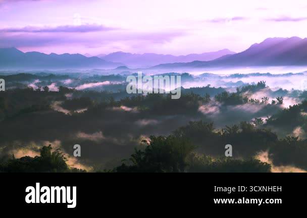 Aerial view of sunrise illuminating misty forests and rolling hills in ...