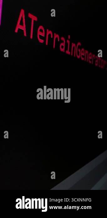 Closeup macro shot movement of coding script moving across LED screen ...