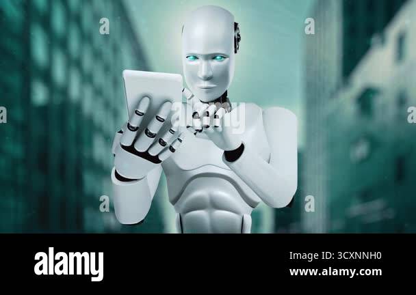 Internet connection controlled by AI robot huminoid and machine learning process to analyze data ...