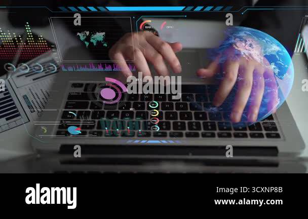 High-tech global network connection interface showing worldwide digital ...