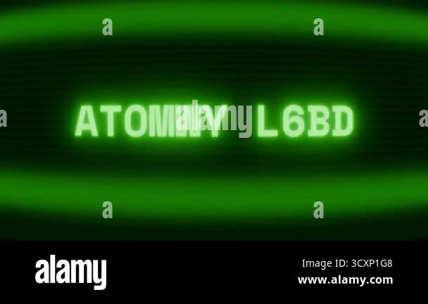 Old green CRT screen showing text ATOMIC TEST appearing in random ...