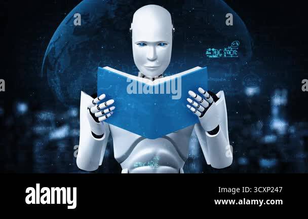 3D rendering of robot hominoid reading book and solving math data ...