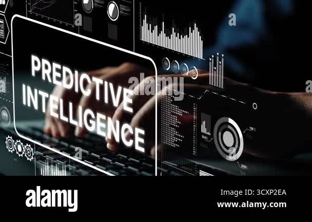 Hands Typing on Keyboard with Digital Screen Featuring Predictive Intelligence Concepts and Data ...