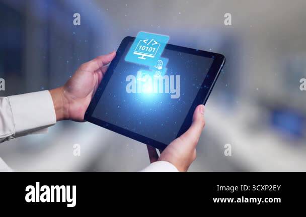 Software development with coding overlays, programming languages, developer tools, mobile app ...