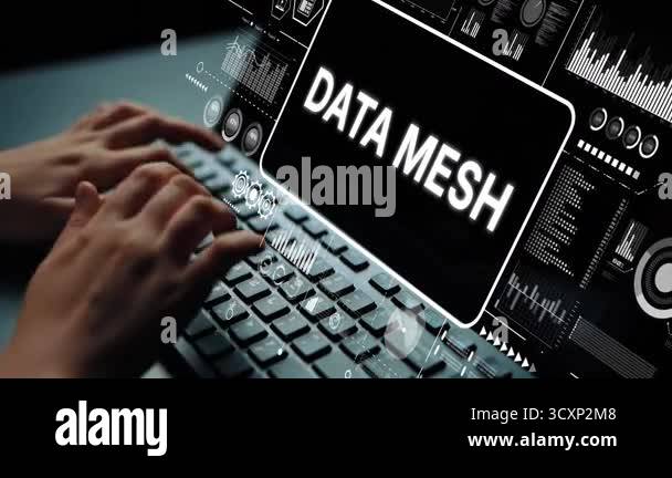 Hands Typing on Keyboard with Digital Data Mesh Concept Displayed on ...