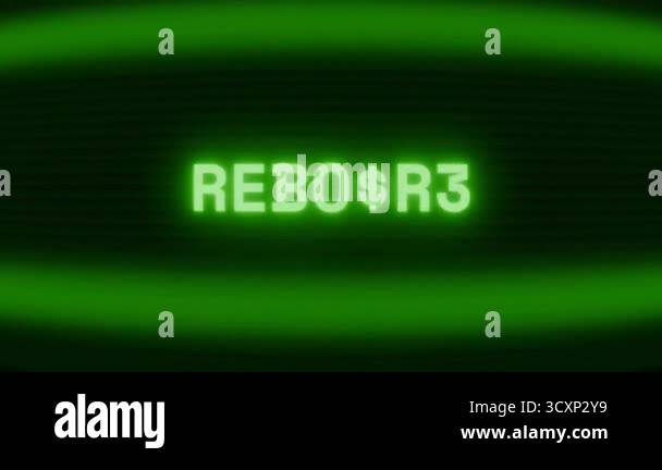 Old green CRT screen showing text REBOOT! appearing in random glitch ...