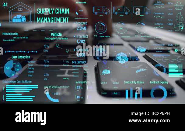 Supply chain management interface showing delivery routes, warehouse ...