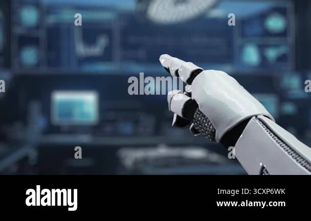 Close up of robot hand pointing and tapping at human anatomy hologram ...