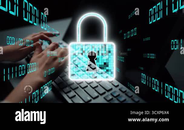 A visual representation of cyber security featuring a digital lock and ...