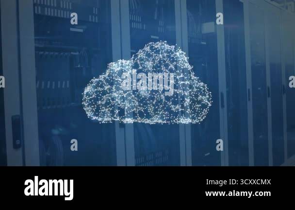 Particles appearing in data center forming cloud shape, morphing into ...