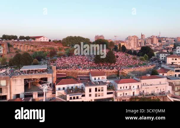 Sunset Point in Porto City, Portugal. Drone, 4k. Jardim do Morro ...
