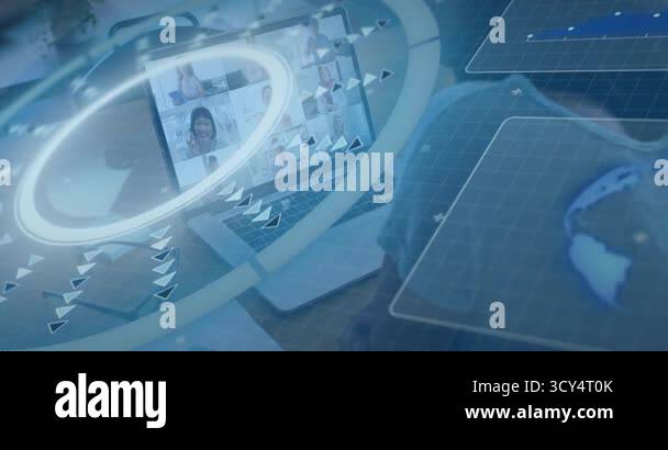 Man operating laptop initiating ring overlay while remote team ...