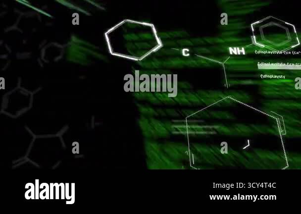 green code scrolling causing hexagons drifting through pulsing code frame, visualizing molecules ...