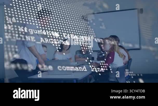 Digital map with code overlay fading, teacher tapping laptop to start ...