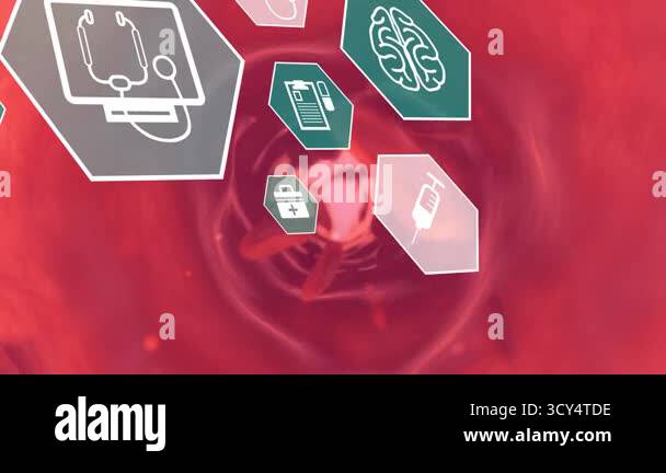 Animation of multiple medical icons over arteries in a blood flow ...
