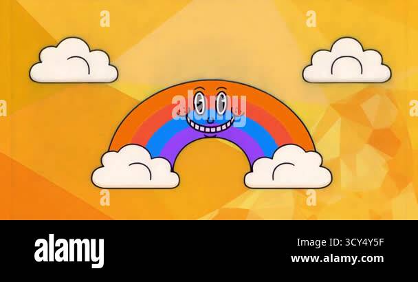 Cartoon rainbow starting growth, color bands expanding, clouds sliding ...