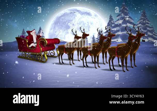 Animation of snow falling at christmas over santa in sleigh. Christmas ...
