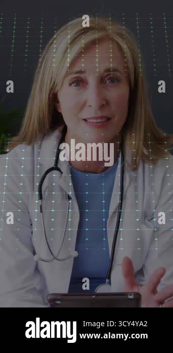 Animation of medical data processing over caucasian female doctor. Global medicine, connections ...