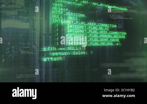 Green code overlay appearing scrolling through request functions and response loop visualizing ...