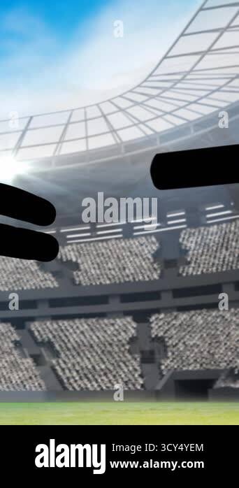 Animation of athlete's hands passing relay baton over sports stadium ...