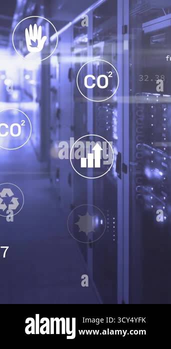 Data processing animation over server room with environmental icons and ...