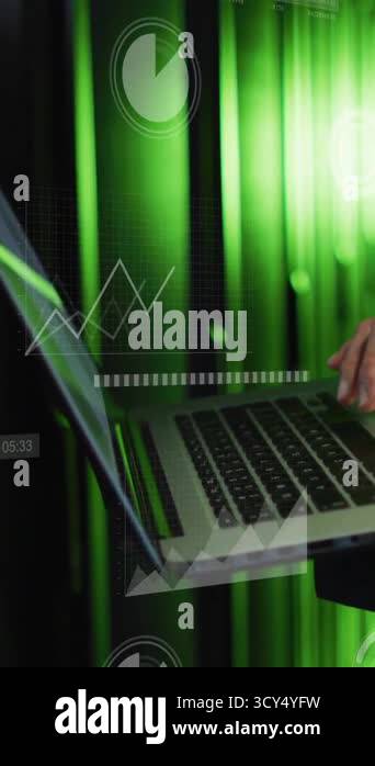 Animation of digital data processing over asian man with laptop by ...