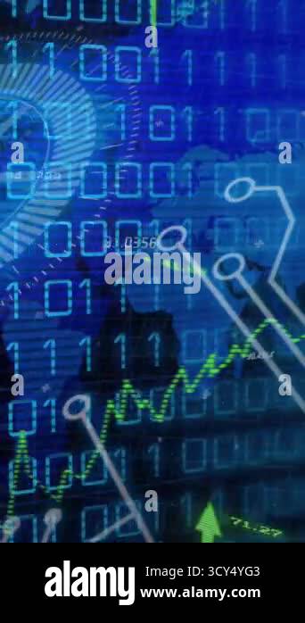 Animation of binary coding and arrow moving upwards against world and ...