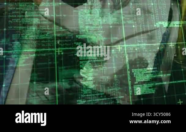 Camera showing green code shifting, revealing man gripping and rotating ...