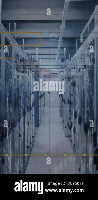 Animation of graph and padlock over dots forming geometric shapes, lens flare over server room ...