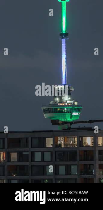 Rotterdam night cityscape timelapse with Euromast observation tower and ...
