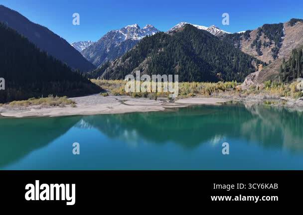 A quadcopter view of Lake Issyk (Almaty Region, Kazakhstan) and the ...
