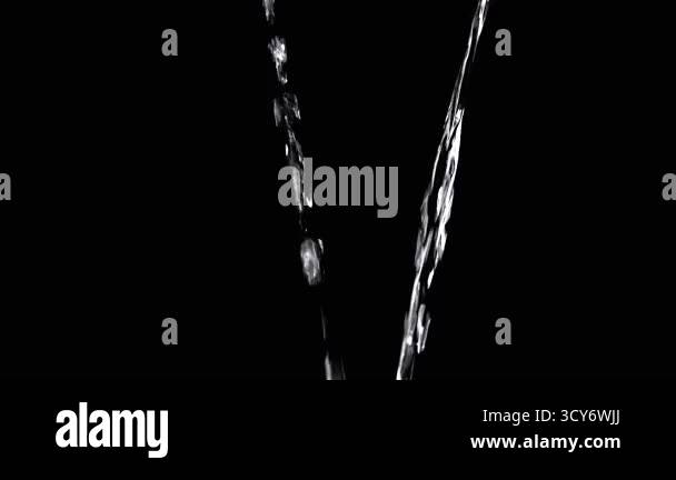 Two Streams of Water with Drops Pour into Empty Space. Black background ...