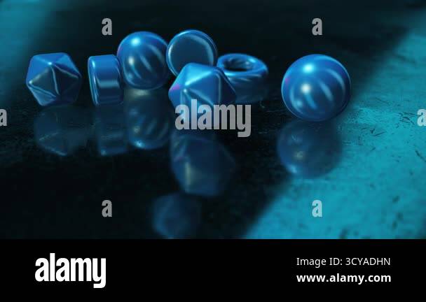 Collection of soft-body colliding dynamic 3D objects in blue falling ...