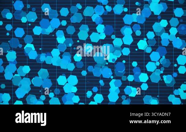 Multiple translucent hexagons in bright cyan and blue tones scattered ...