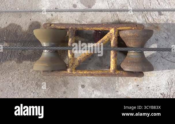 Stockholm, Sweden A mechanical steel cable and pulley system on tracks ...