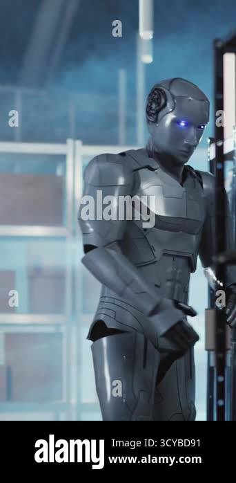 Futuristic silver robot with blue eyes carrying postal delivery carton ...