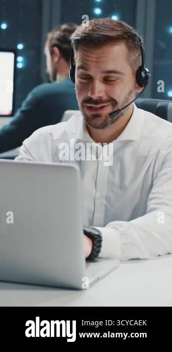 Polite caucasian office manager servicing online customer speaking ...