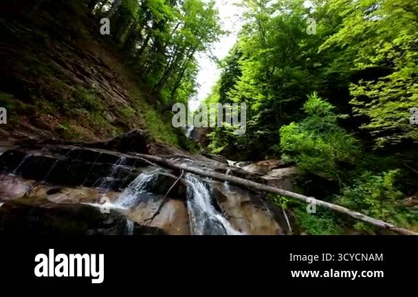 Aerial video of a beautiful waterfall flowing over rocks in lush green ...