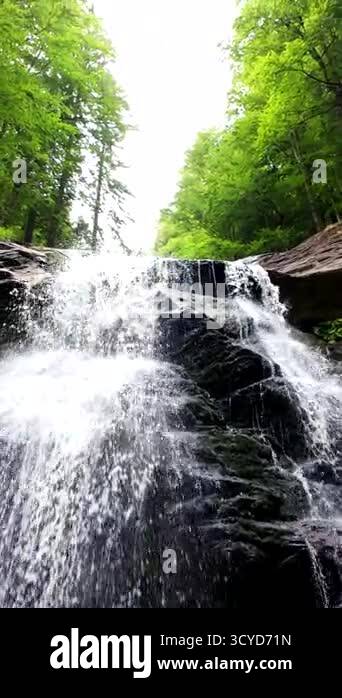 Aerial video of a beautiful waterfall flowing over rocks in green ...