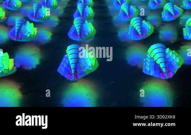 Array of vibrant conical shapes in green and blue stacked like scales ...