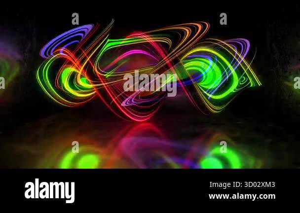 Vibrant neon ribbons in rainbow hues sweeping across a dark metallic ...