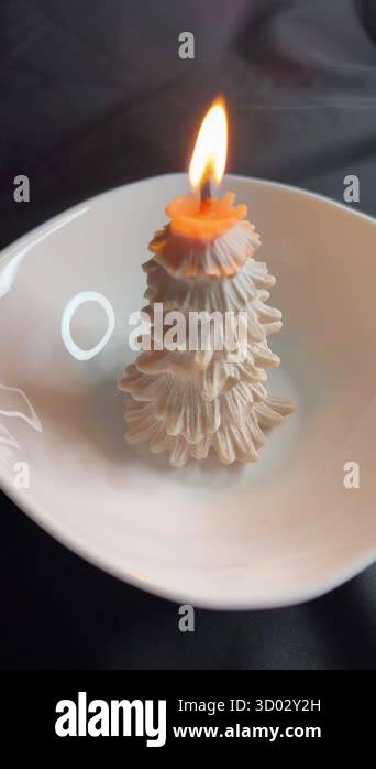 Time-lapse of a festive Christmas tree-shaped candle burning in a dark ...