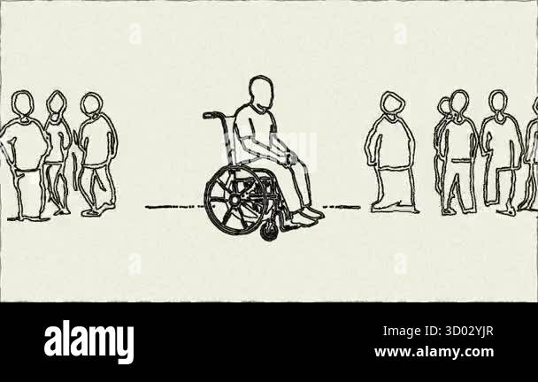 Solitary person in wheelchair facing social exclusion hand draw ...