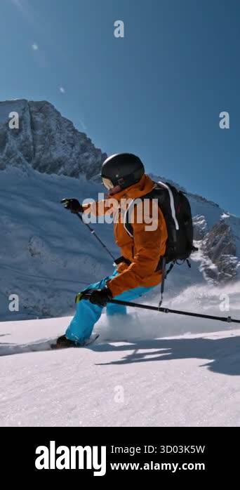 Off Piste Skier Running Down. Super Slow Motion, 1000 fps. Skiing on ...