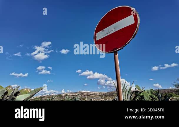 No Entry road sign in rurral street between farm fields, Malta near ...