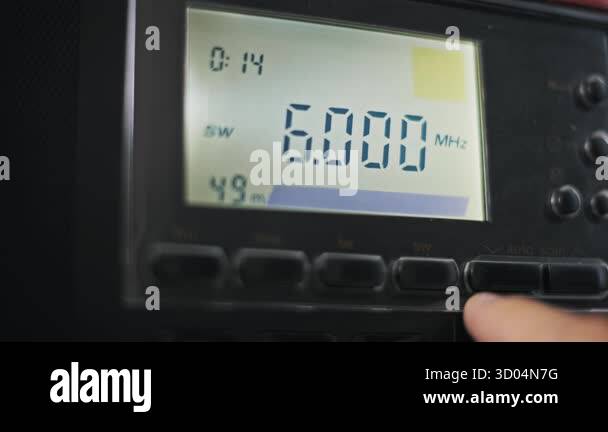 Extreme close up of a finger tuning a modern digital radio receiver ...