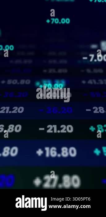 An animated vertical screen showing a financial ticker with scrolling ...