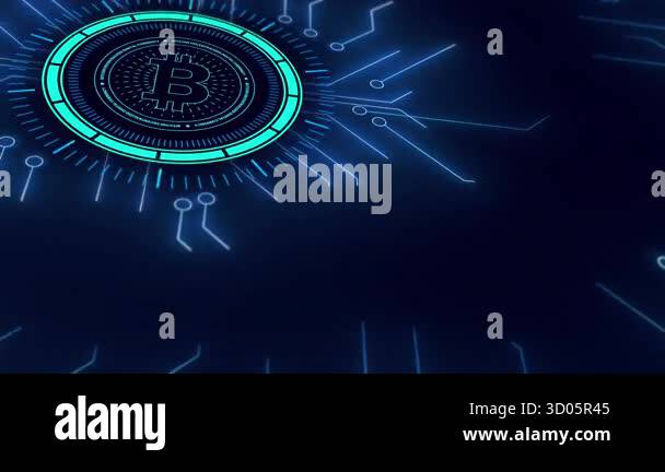 A stunning motion graphic showing a glowing Bitcoin symbol (BTC) rotating on a futuristic ...