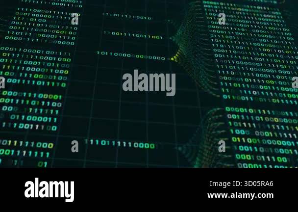 A modern motion graphic showing green digital code flowing on a dark ...