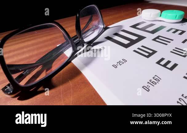 Closeup of Glasses and Eye Chart on Tabletop for Eye Exam 13. High ...
